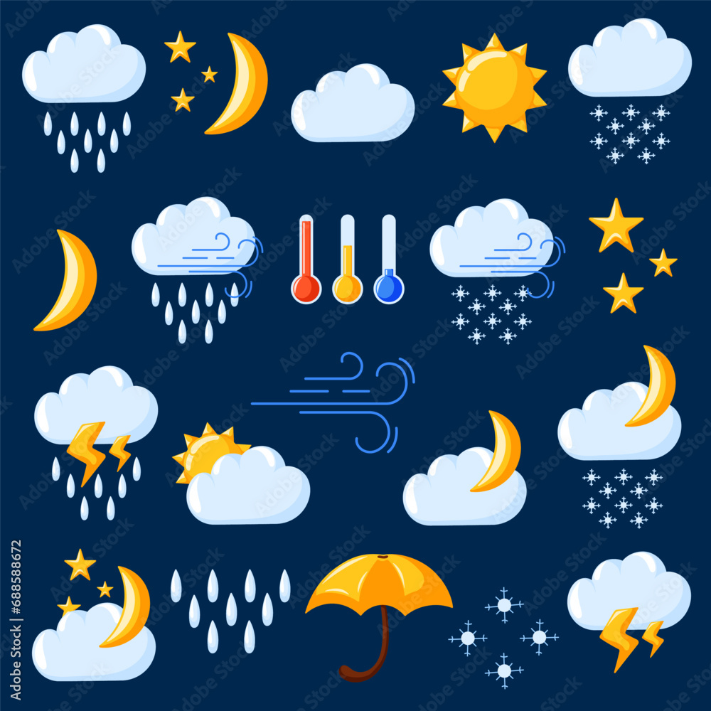 Weather symbols in cartoon style. Elements for weather forecast ...