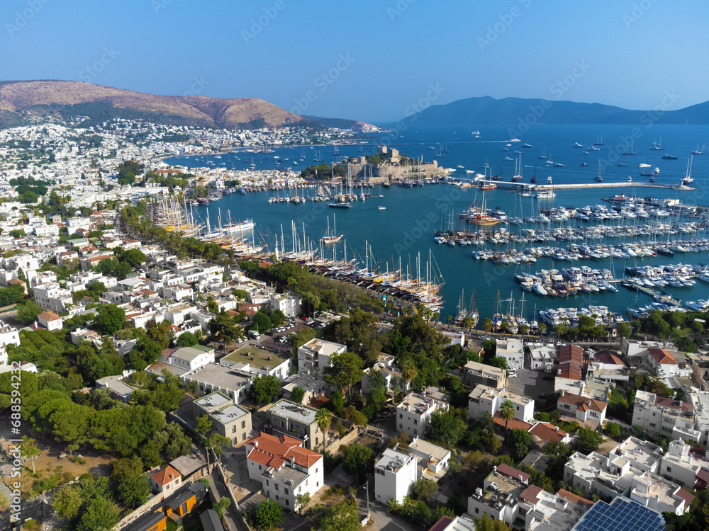 Beautiful scenery of Bodrum city, marina and ancient castle of Saint ...