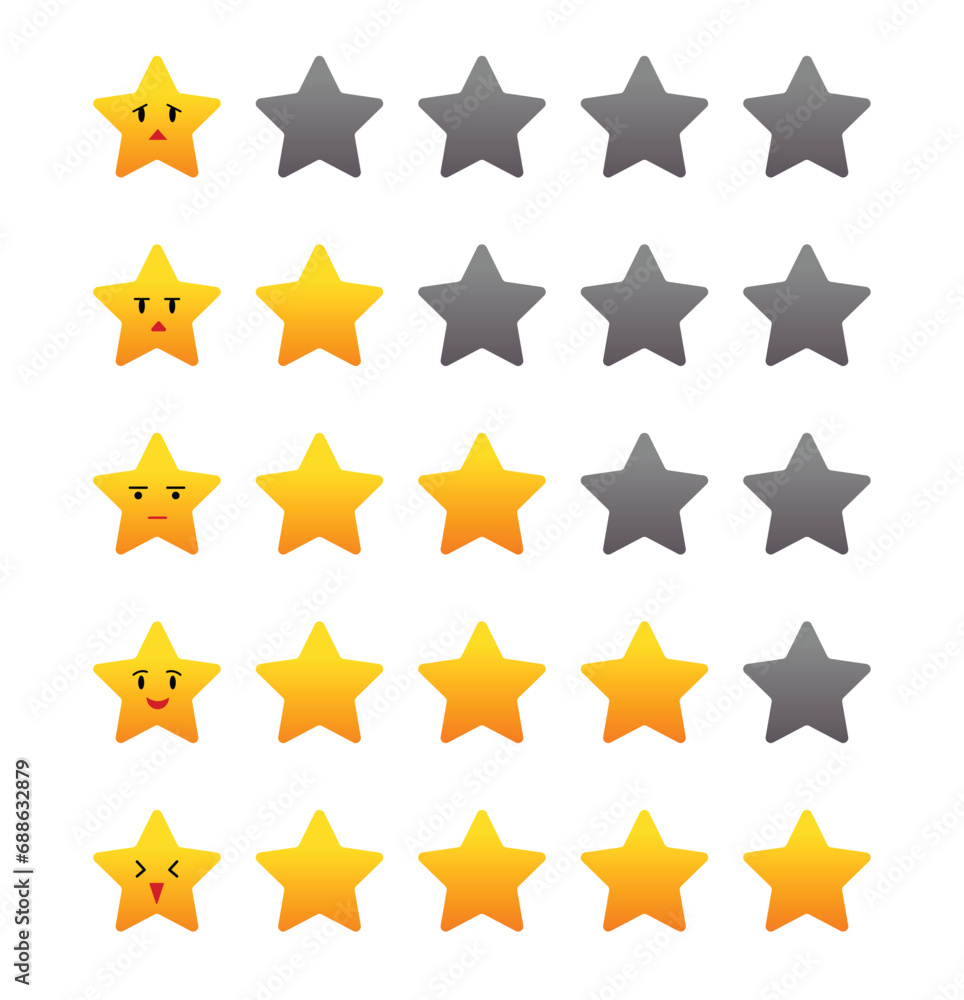 From 1 to 5 yellow gold stars rating with cute cartoon faces emoticon ...