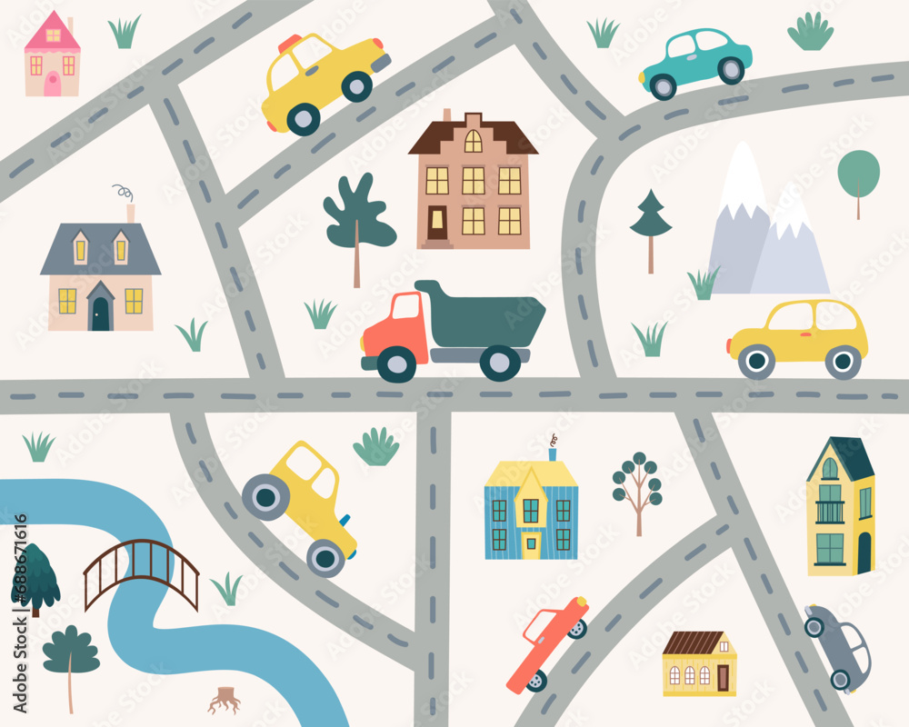 Kids city map with roads, houses and transport vector illustration ...