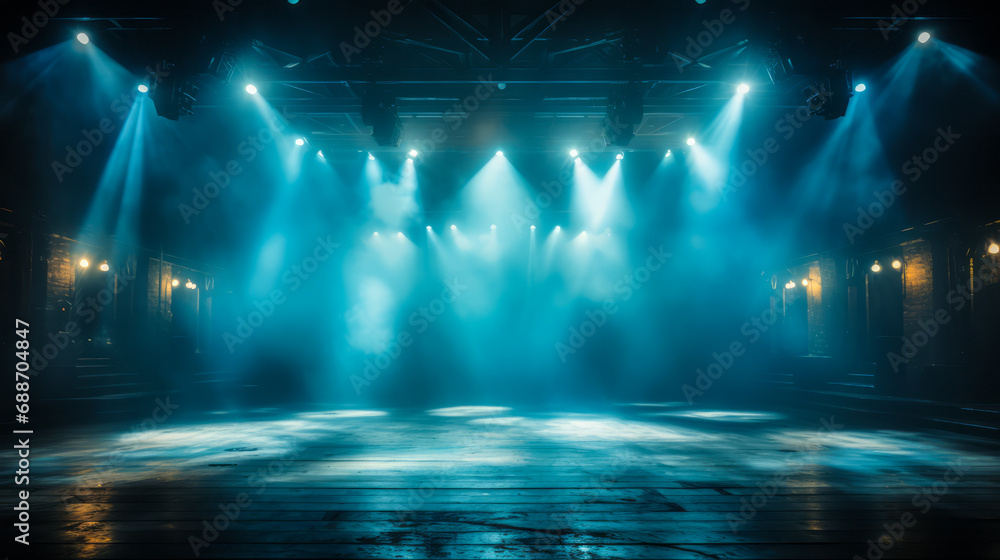 Mysterious empty stage with dramatic blue lights and smoke, spotlight ...