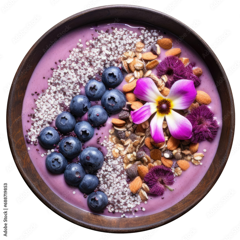 Purple smoothie bowl topped with assorted nuts and berries, transparent ...