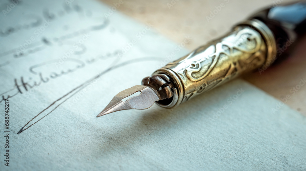 Fountain pen on an antique handwritten letter. Vintage nib pen and ...