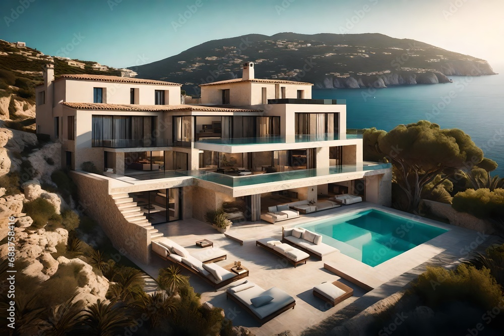 Generate an image of a Mediterranean villa overlooking a coastal ...