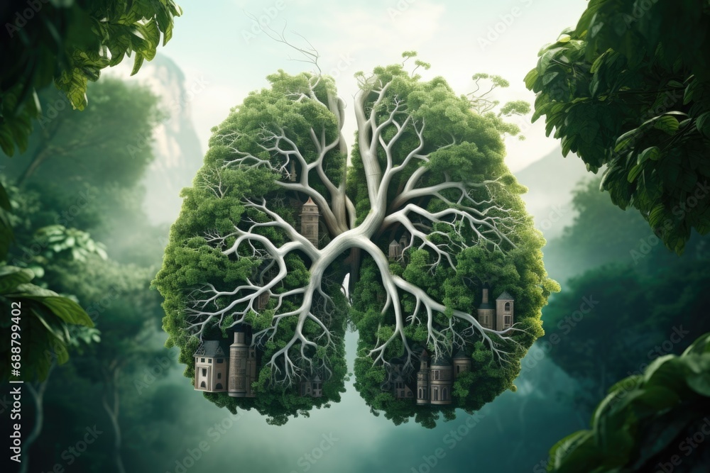 Lungs with trees growing out of them. This image represents the ...