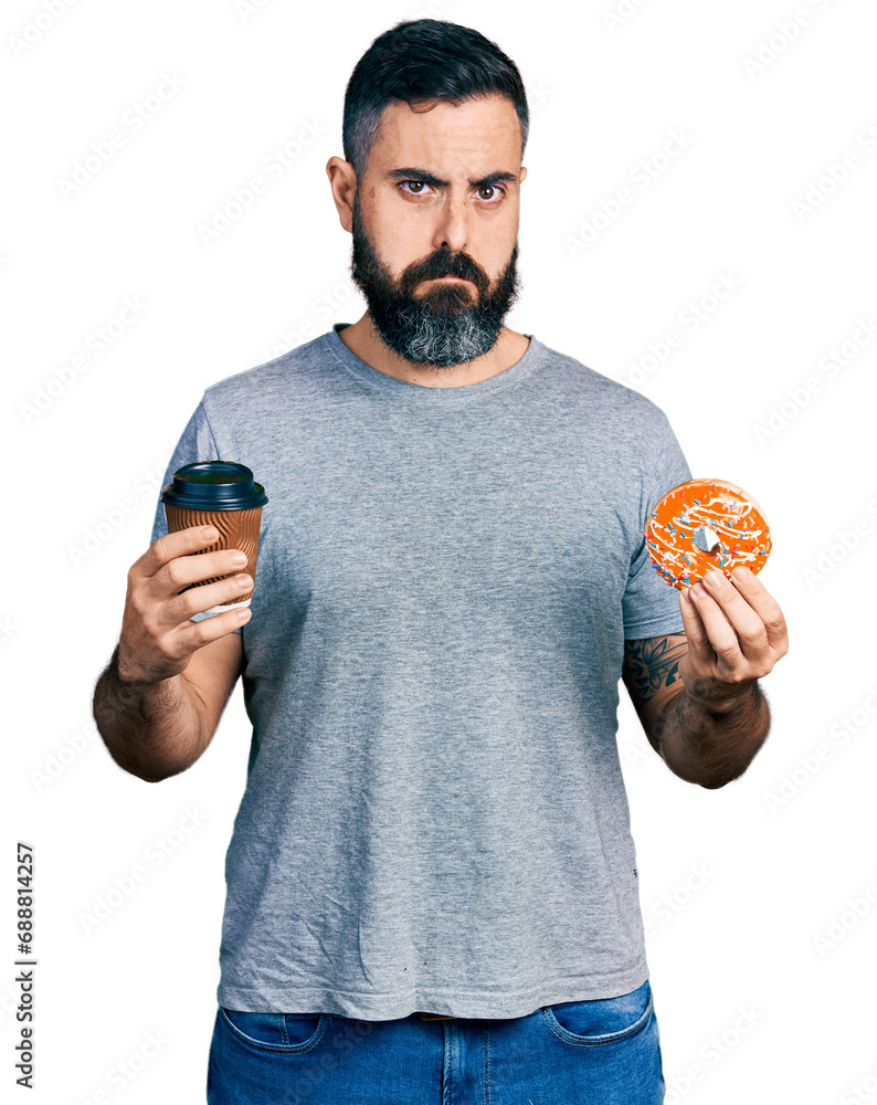 Hispanic man with beard eating doughnut and drinking coffee depressed ...
