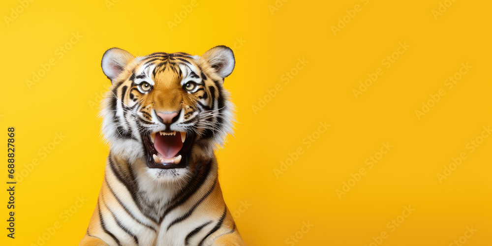 Cute tiger with happy positive smiling expression. Wide banner copy ...