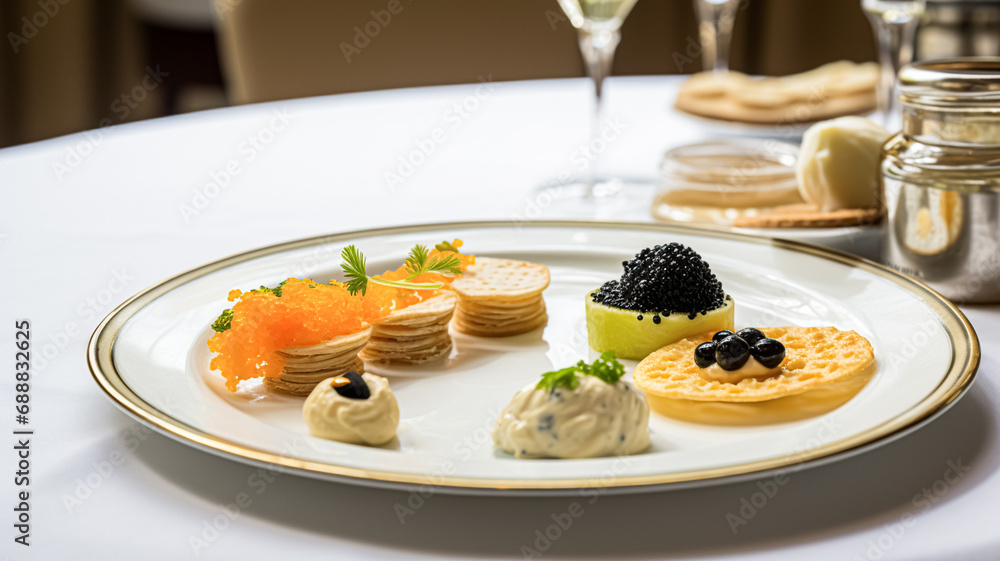 Food, hospitality and room service, starter appetisers with caviar as ...