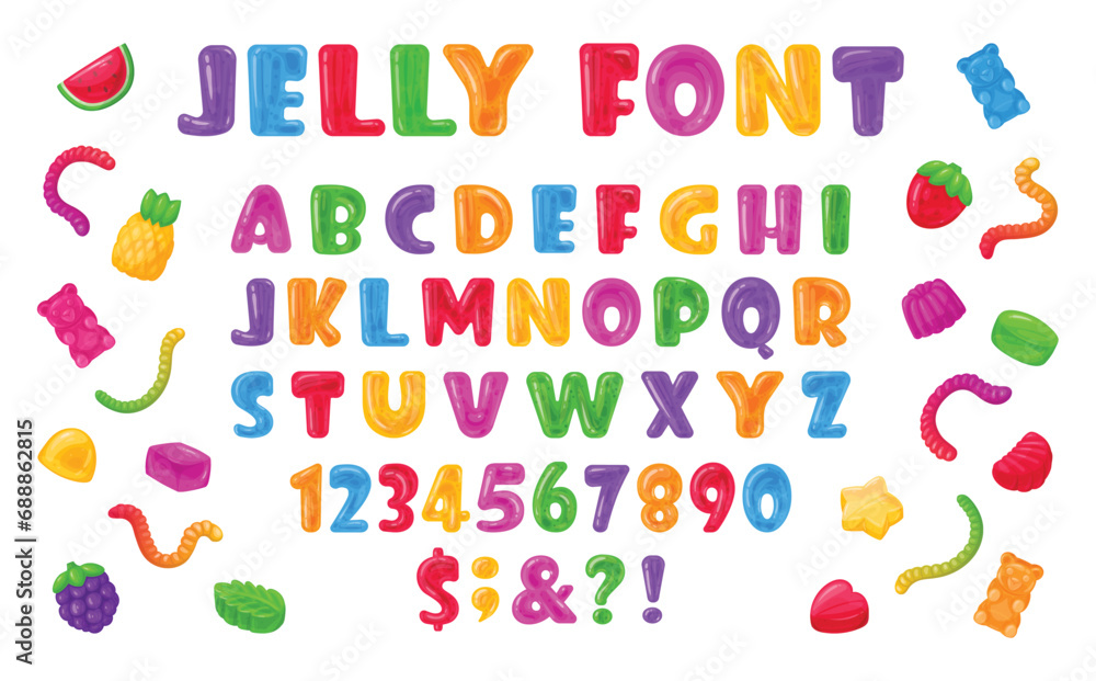 Vetor Cartoon jelly alphabet. Sweet gummy abc letters and numbers ...