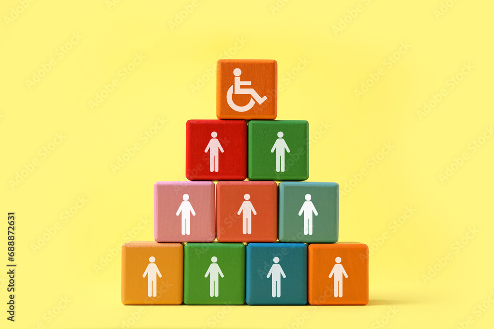 Inclusive workplace culture. Pyramid of colorful cubes with human icons ...