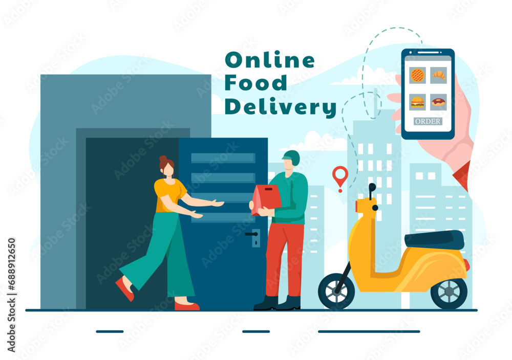 Online Food Delivery Vector Illustration with Order Food on the Phone ...