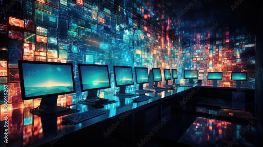 Hi-Tech computer screen background featuring a mosaic of screens ...