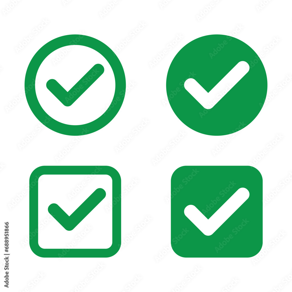 green check mark icon set. round and square tick symbol / button ...