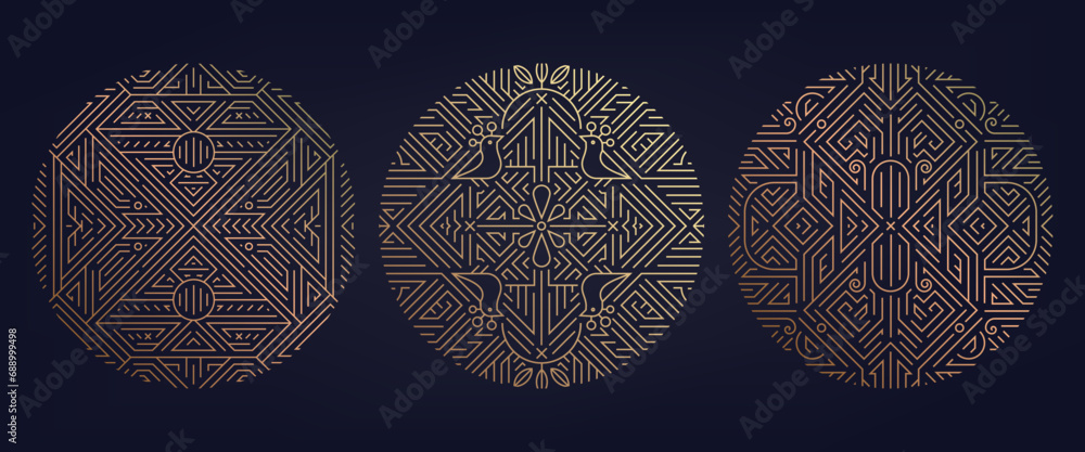 Vector set of art deco round patterns, geometric circle ornaments ...