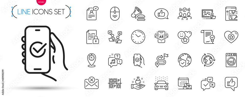 Pack of Outsourcing, Delivery calendar and Heart line icons. Include World insurance, Car wash ...