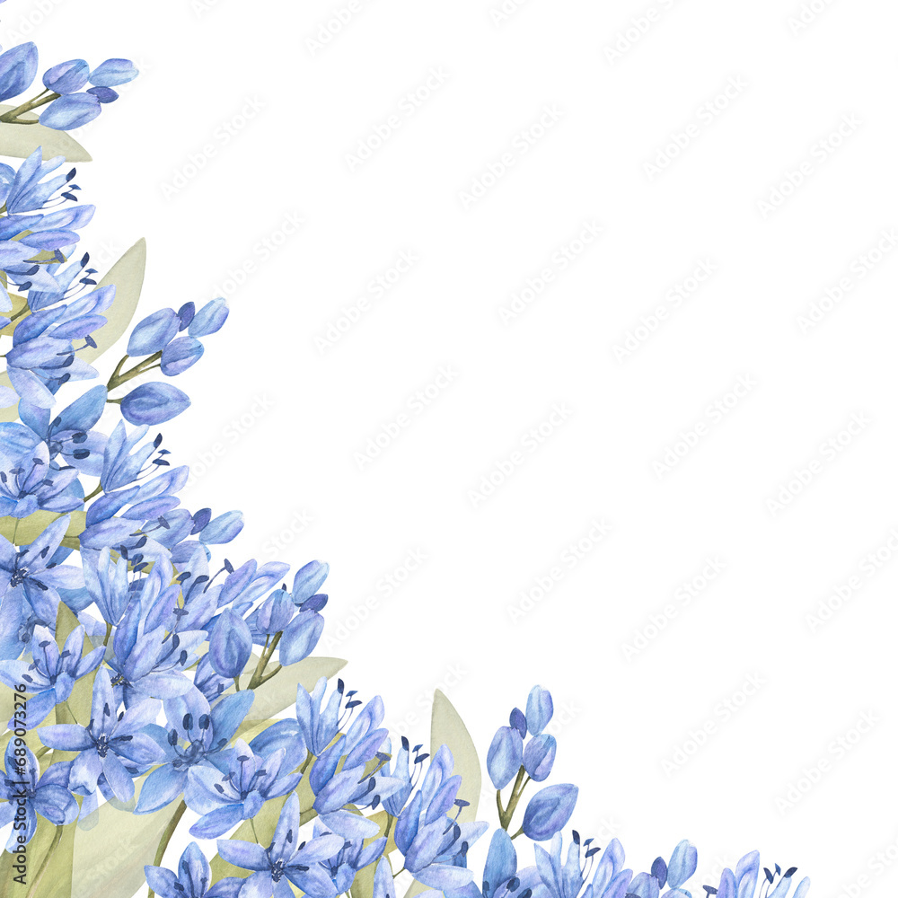 Spring blue flowers watercolor illustration. Card template, invitation ...