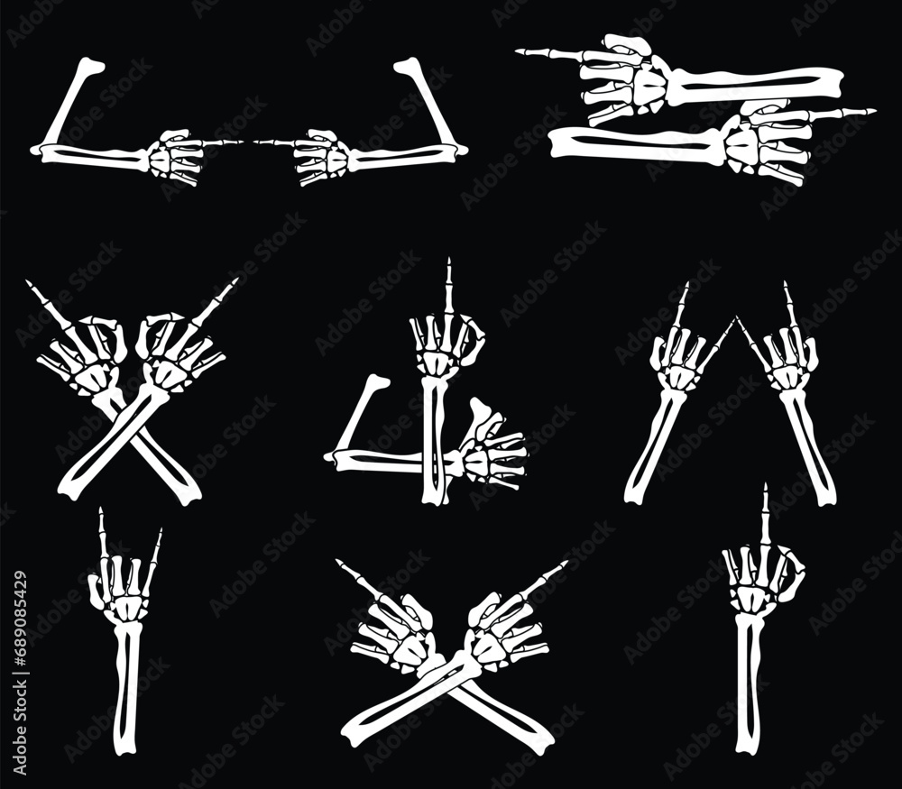 Skeleton bone hand different gesture monochrome set vector flat ...