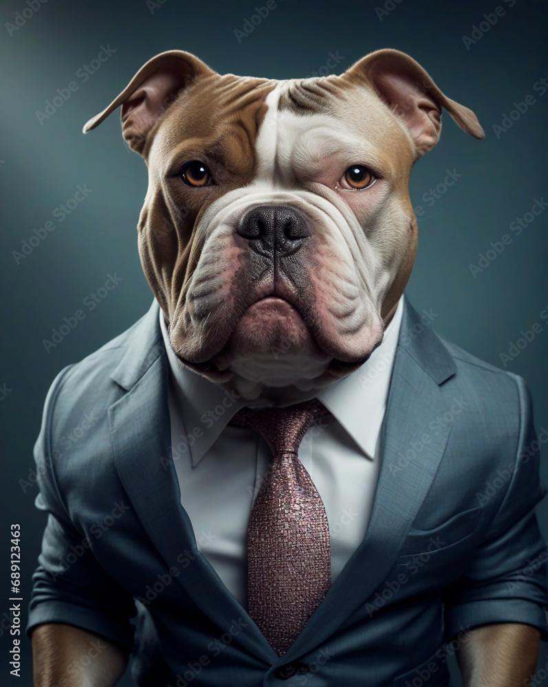 Portrait of a dog american bully with suit on the black background ...