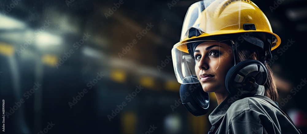 Industrial female worker with PPE dialog box vignette for ads and ...