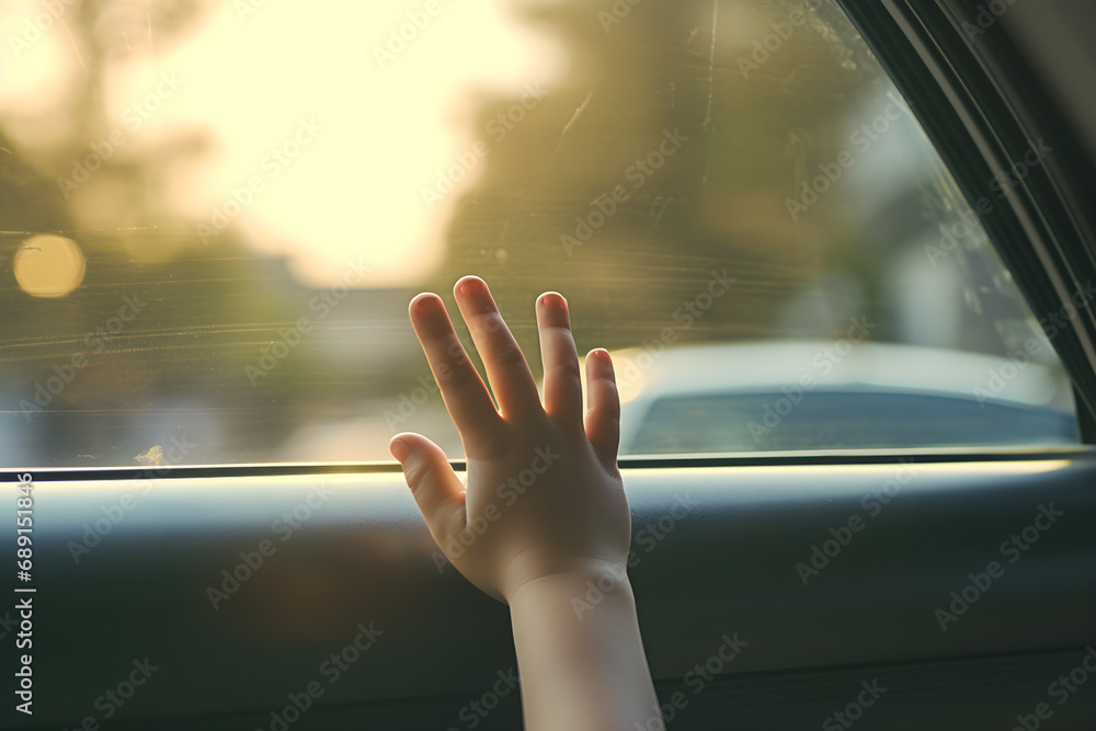 Child's hand on car door glass. A child is left alone in a car or ...