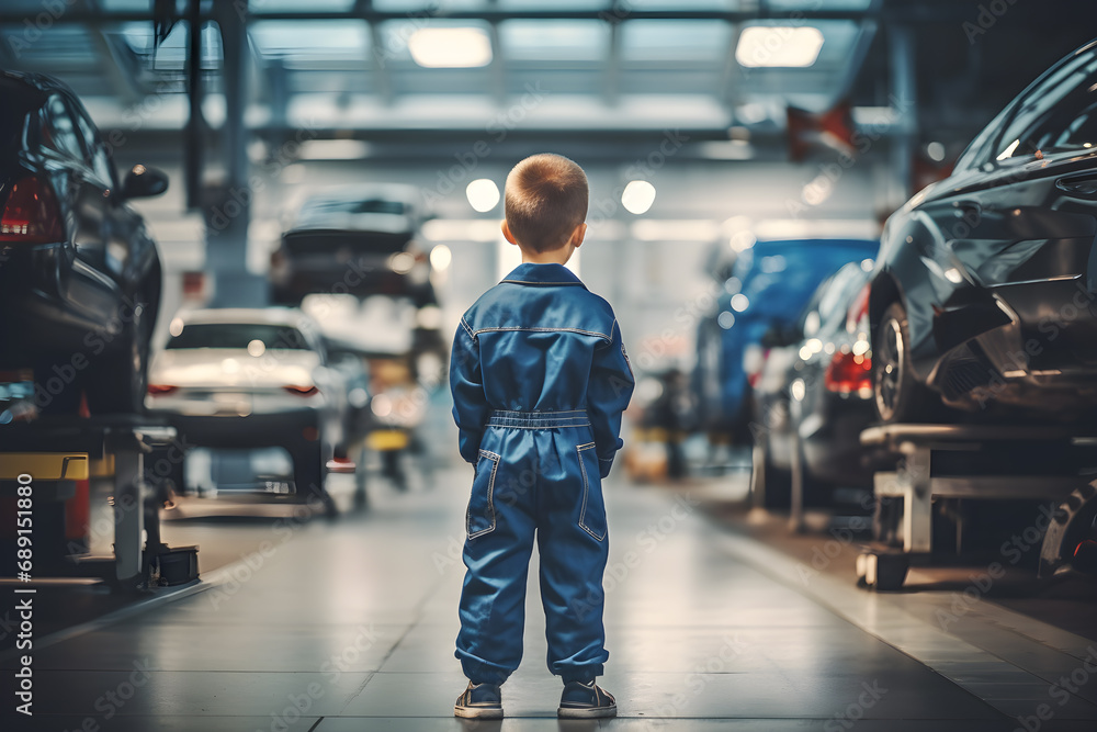 Foto de Stock A child boy wearing a blue mechanic's uniform stands with ...
