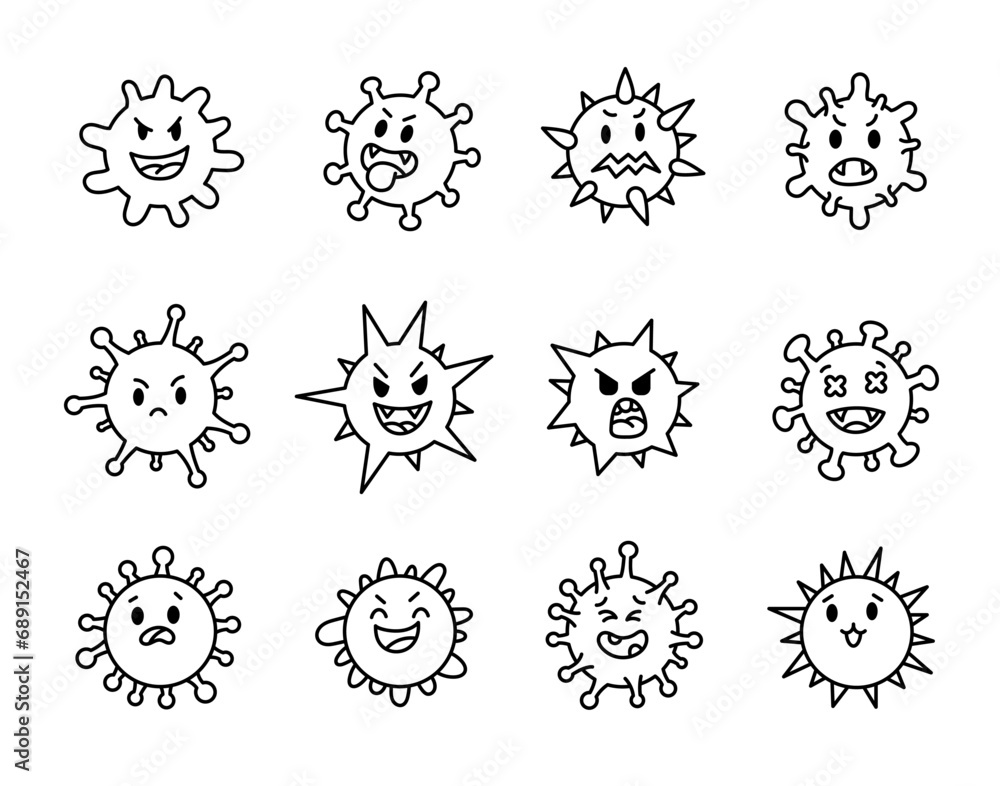 Viruses kawaii. Coloring Page. Cute cartoon characters of bacterial ...
