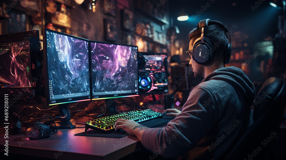wide banner background image with gamer console workplace table with Pc ...