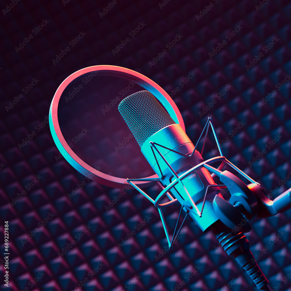High-Quality Studio Recording Microphone with Pop Filter in Neon Lights ...