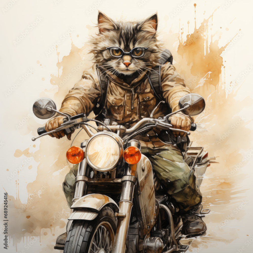 Watercolor Siamese cat riding motorcycle, clipart Illustration ...