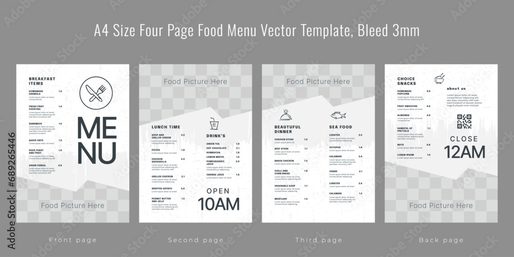 Restaurant cafe menu, template design, A4 size four page food menu ...