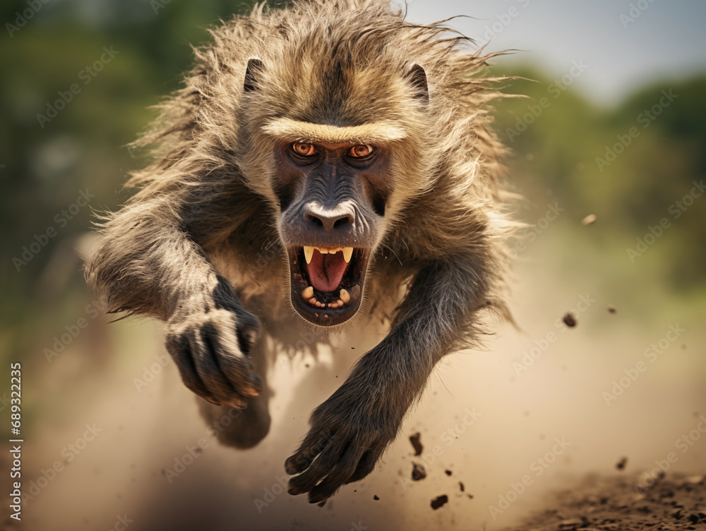 Wild Encounter: Angry Baboon Charging with Fierce Intent, Captured in ...