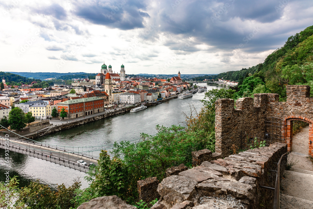 Panoramic view of Passau. Top view of suspension bridge. Aerial skyline ...