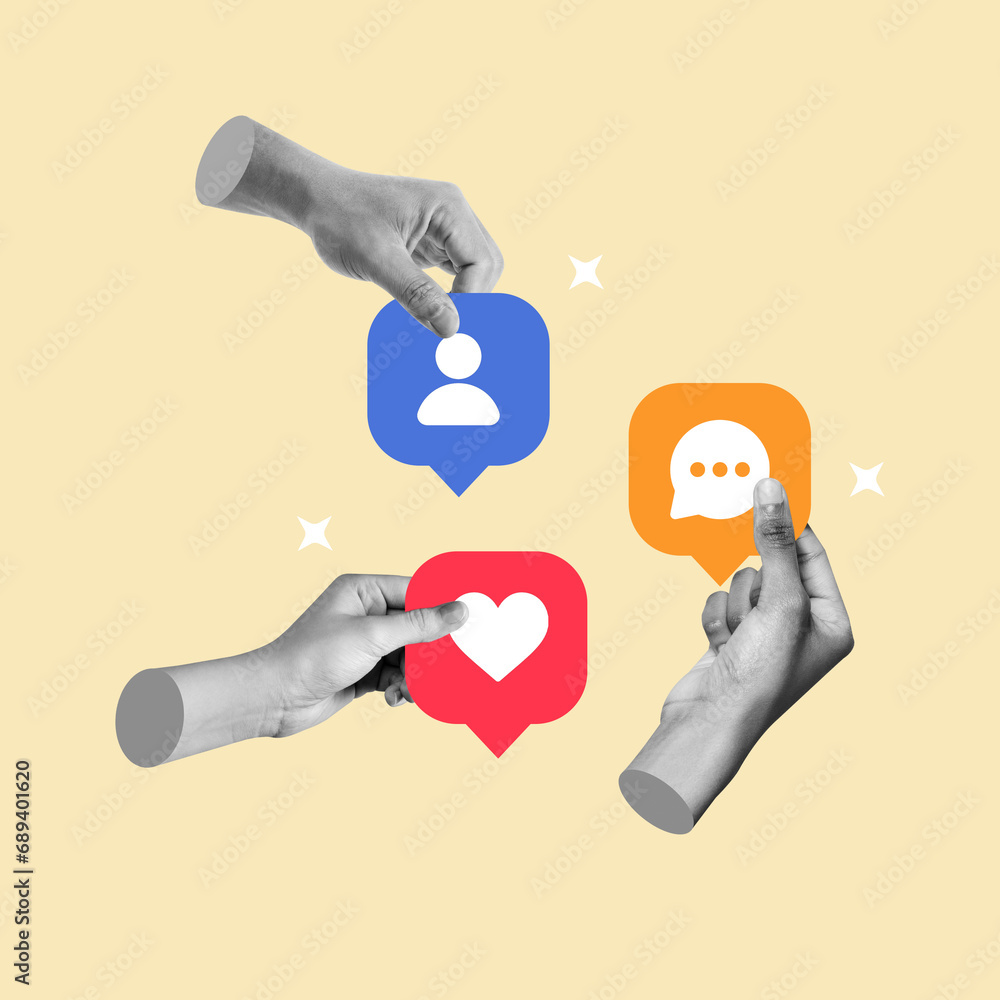 Hand with Icons, text messages, messages, notifications, Communication ...