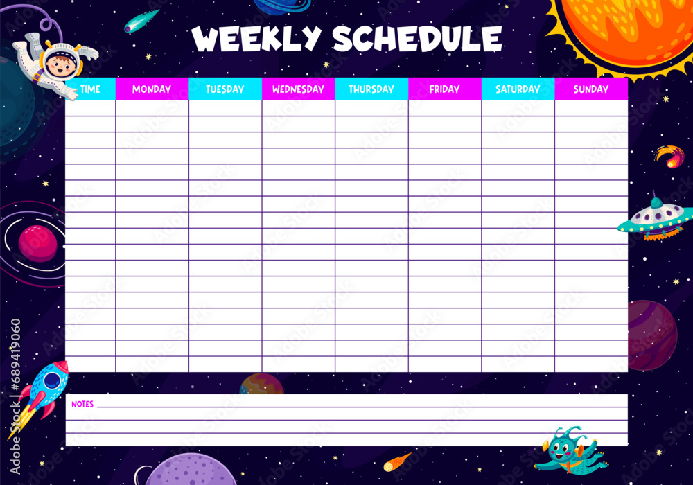 Education timetable schedule with astronaut and alien UFO in starry ...