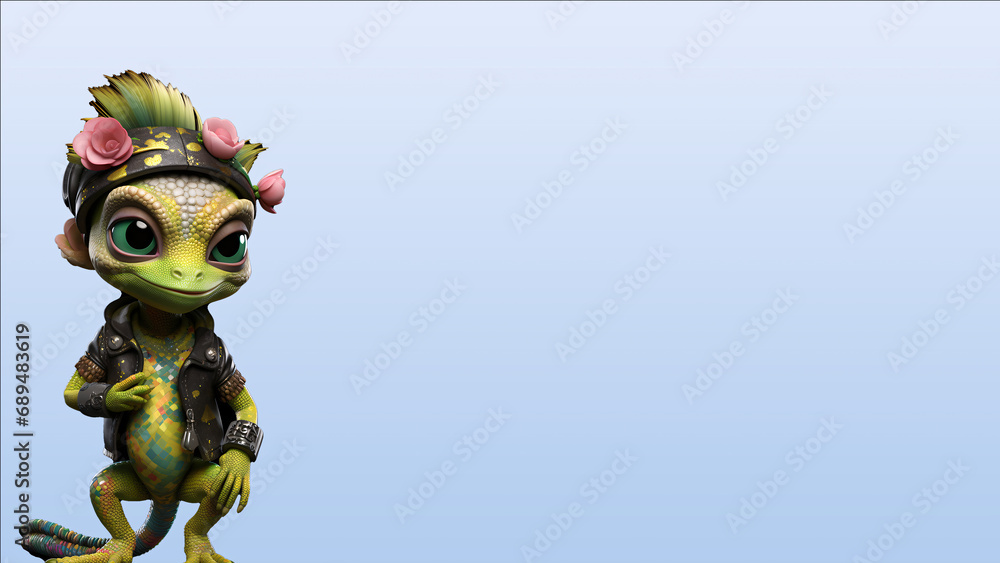 Pastel gradient background with cute lizard in leather vest. For ...