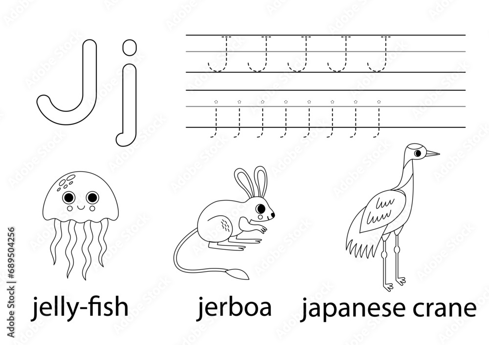 Trace uppercase and lowercase letter J. Animal alphabet for kids. Stock ...