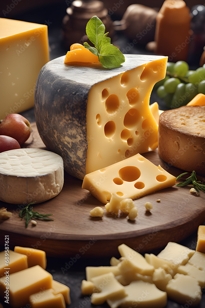 Different types of cheese over wooden cheese stand. Beautiful pieces of ...
