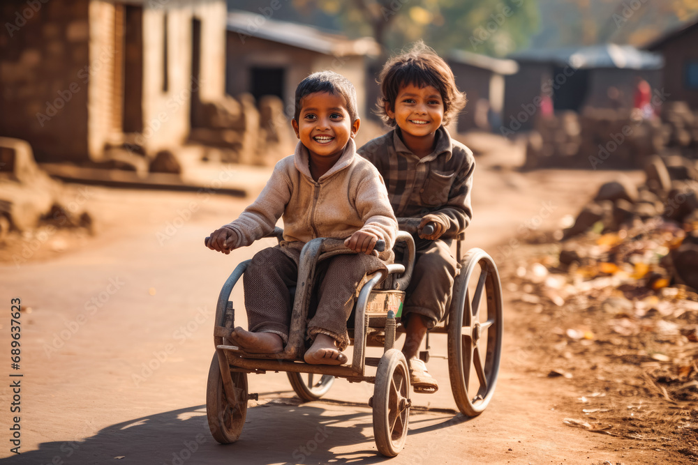 Happy indian children on wheelchair. A child with disabilities on ...
