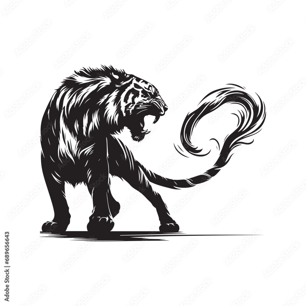 Dominant Tiger Silhouette Roaring and Attacking in Profile - Black ...