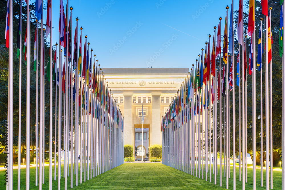 The United Nations Office at Geneva with the Flags of the Member ...