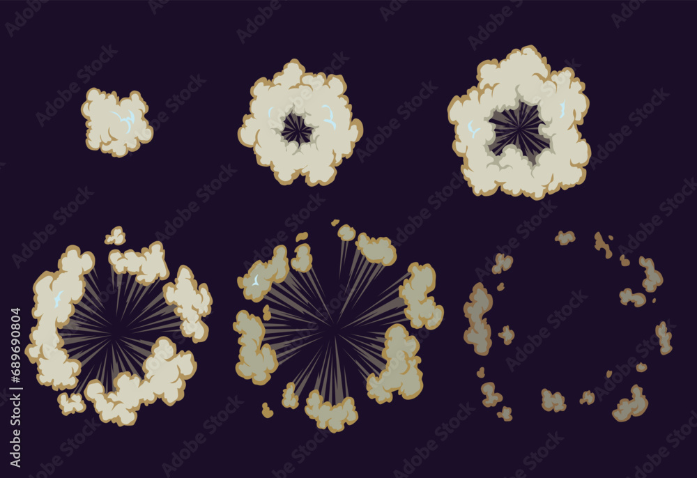 Explosion animation set. Cartoon burst effect of vector comic boom and ...