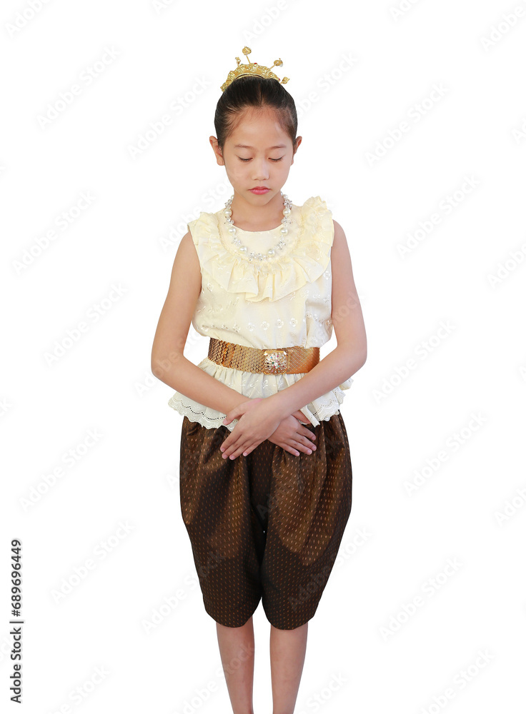 Asian girl child in traditional Thai costume dress with Showing a sad ...