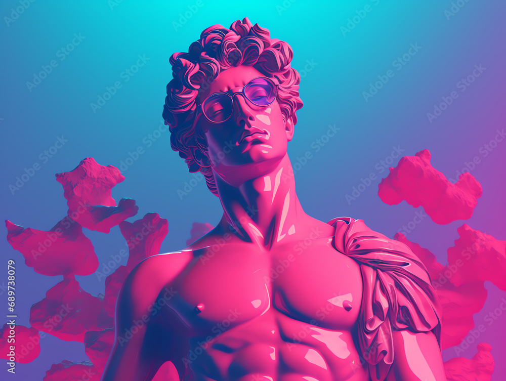 Greek god sculpture in retrowave city pop design, vaporwave style ...