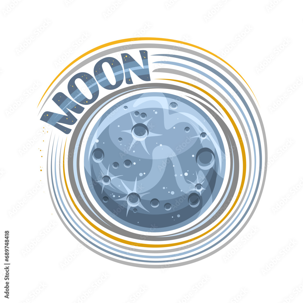 Vector logo for Moon, cosmic print with rotating rock satellite, planet ...