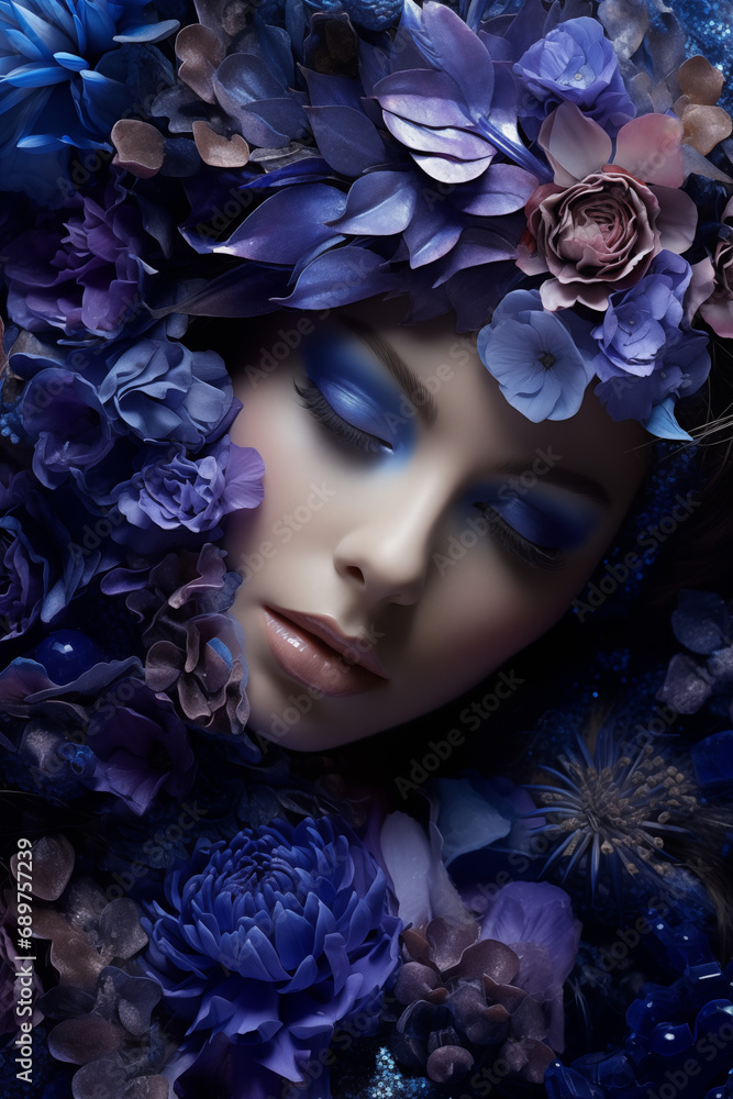 A woman in purple flowers with blue eyes, in the style of ...