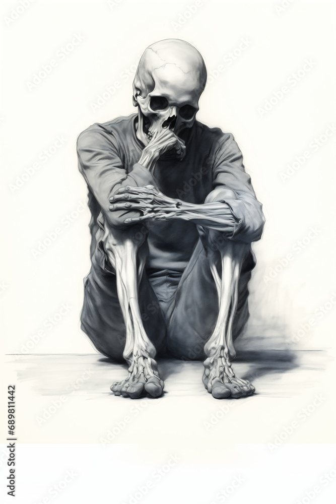 drawing man sitting ground hands knees young thin skeleton skull cane ...