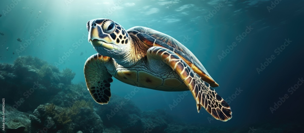 Atlantic or Kemp Ridley critically endangered sea turtle. Copyspace ...