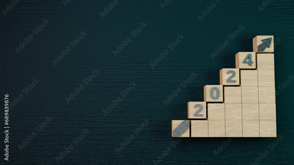 3D composition of stacked wooden blocks with a New Year 2024 theme that ...