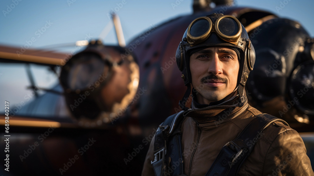 steampunk pilot, leather helmet with brass details, standing before a ...