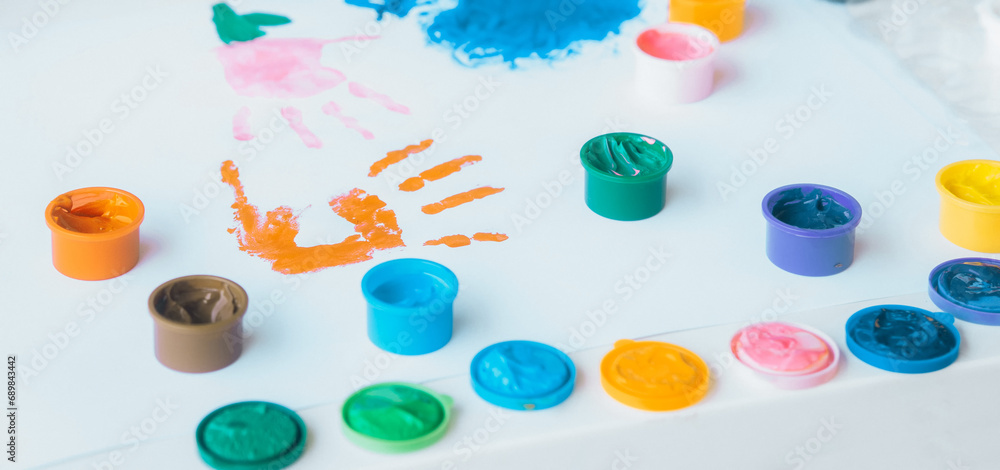 Close up of colored hand print on white background. Ideas for drawing ...